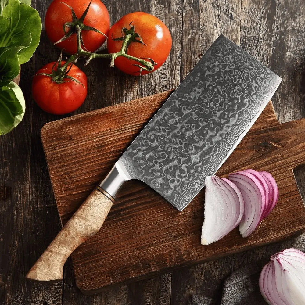 Hackmesser aus Damaststahl | Damast Hackbeil mit Bergahorn Holz Griff ...