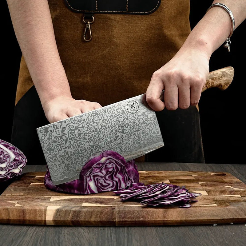 Damast Hackmesser Bergahorn | 31,6cm lange Klinge aus Damaststahl ...