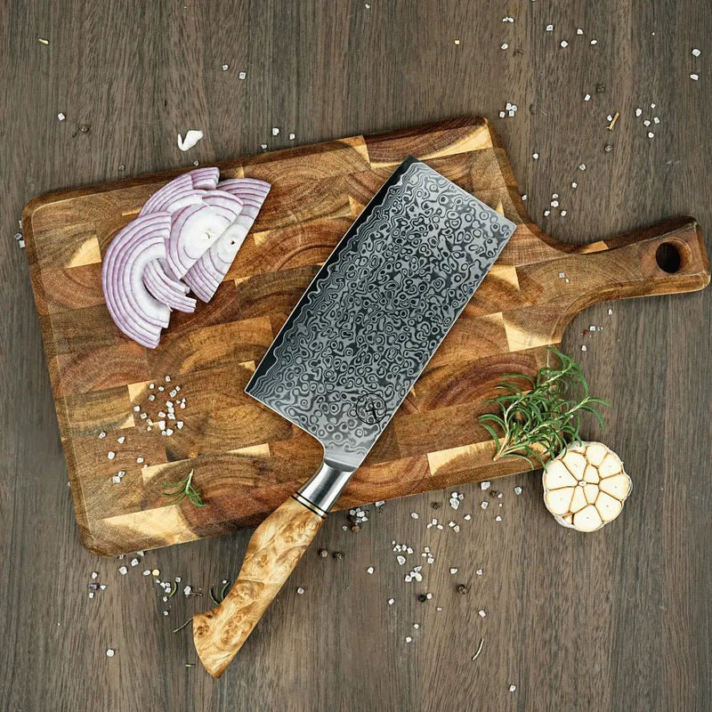 Damast Hackmesser Bergahorn | 31,6cm lange Klinge aus Damaststahl ...