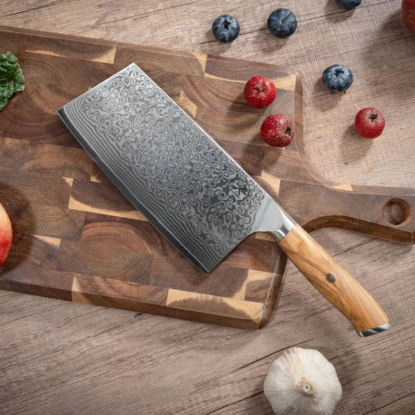 Damast Hackmesser Olive | Extrem scharfe Klinge | Attraktive Maserung ...