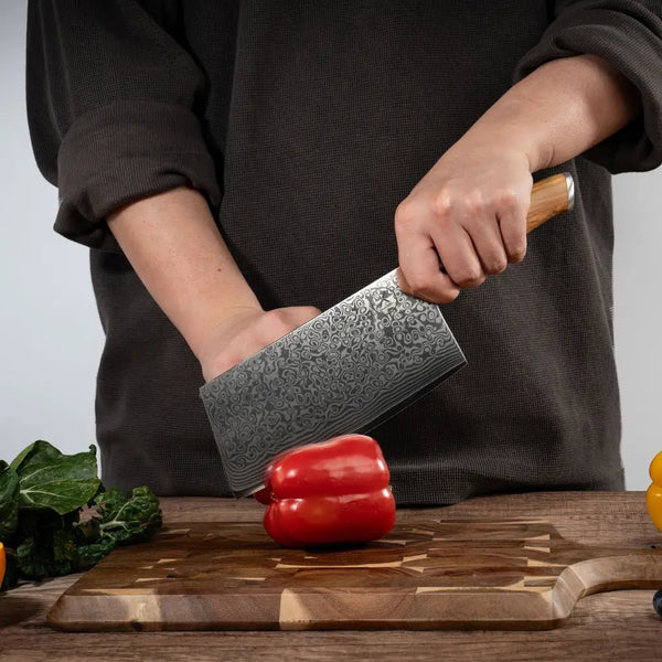 Damast Hackmesser Olive | Extrem scharfe Klinge | Attraktive Maserung ...