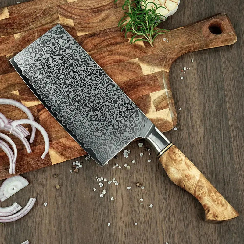 Damast Hackmesser Bergahorn | 31,6cm lange Klinge aus Damaststahl ...